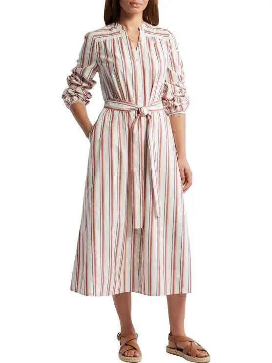 Caslon Smocked Shoulder Stripe Midi Dress - Ivory- Red Audrey Stripe