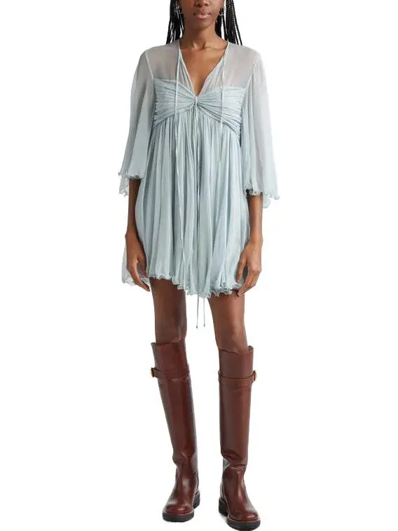Chloé Pleated Silk Mousseline Babydoll Dress - Airy Grey