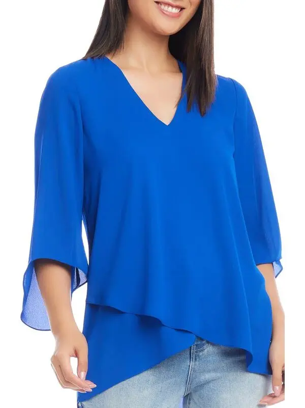 Karen Kane Asymmetric Crepe Faux Wrap Top - Blue