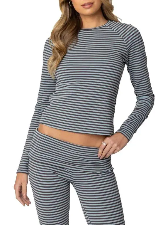 EDIKTED Kaeli Stripe Long Sleeve Crop Top - Navy