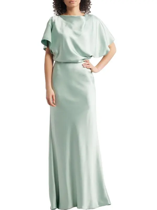 Amsale Blouson Bodice Bias Cut Satin Gown - Sage