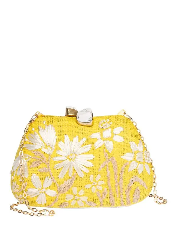 RAFE Tamu Flower Embroidered Raffia Clutch Bag - Yellow