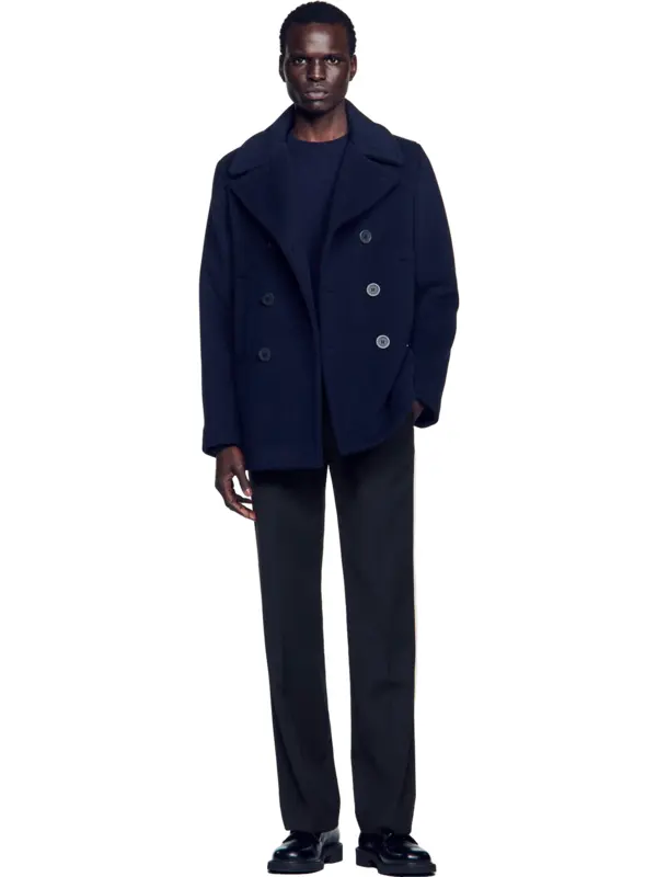 Sandro Straight-fit Wool-blend Pea Coat - Navy Blue