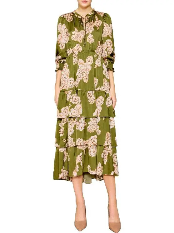MELLODAY Floral Tiered Satin Midi Dress - Olive Beige Multi Floral