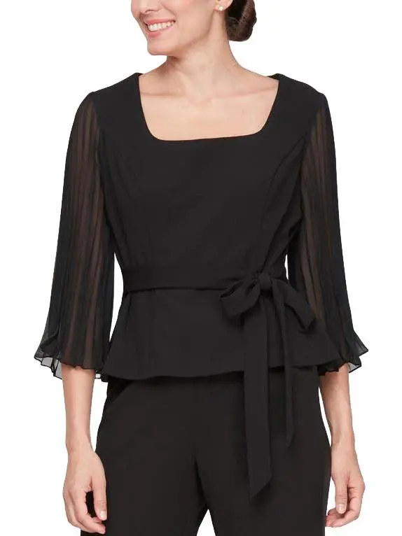 Alex Evenings Sheer Sleeve Tie Waist Top - Black