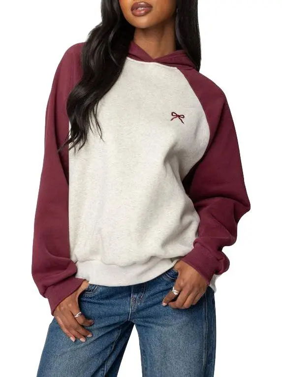 EDIKTED Bow Embroidered Hoodie - Burgundy-and-gray-me