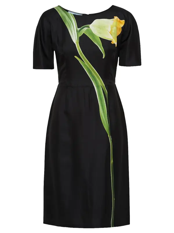 Prada Flower Twill A-line Dress - Nero