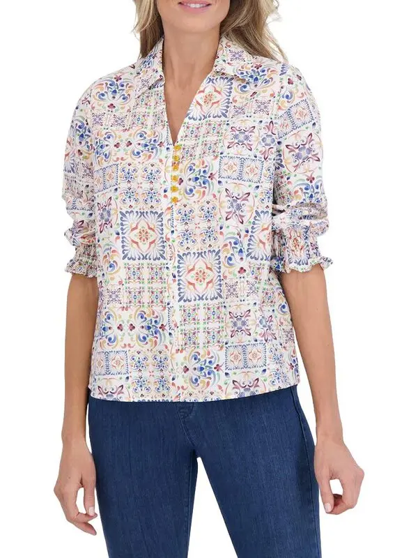 Foxcroft Alexis Watercolor Print Cotton Popover Top - White Multi