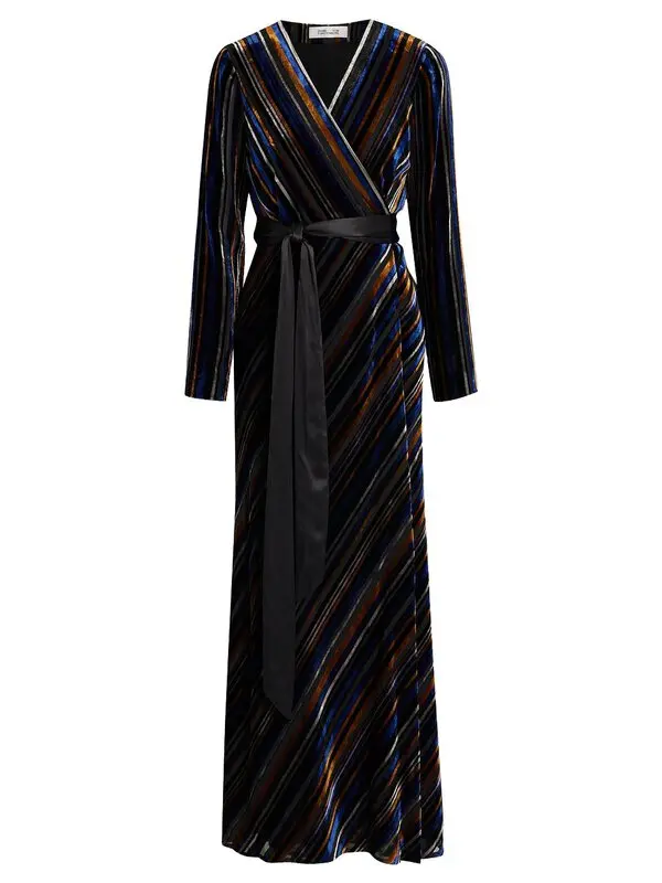 Diane Von Furstenberg Jareth Striped Devoré Velvet Maxi Wrap Dress - Black