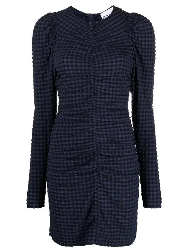 GANNI Stretch Seersucker Mini Dress - 081 Deep Cobalt