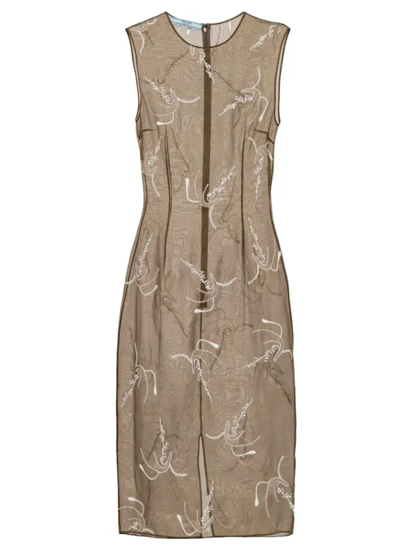 Prada Embroidered Sheer Silk Midi Dress - Neutrals