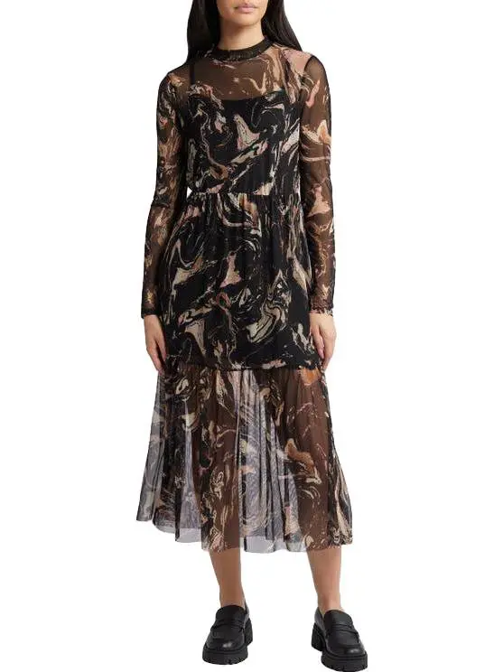 DRESSED IN LALA Marble Long Sleeve Midi Dress - Black Marble