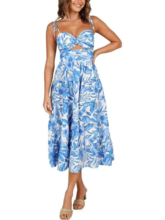PETAL & PUP Rose Floral Tiered Midi Dress - Blue/white