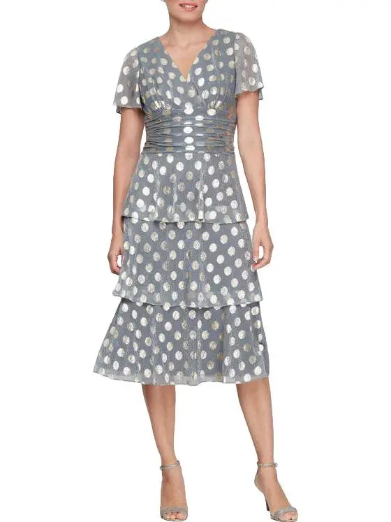 SL FASHIONS Metallic Polka Dot Tiered Maxi Dress - Gunmetal