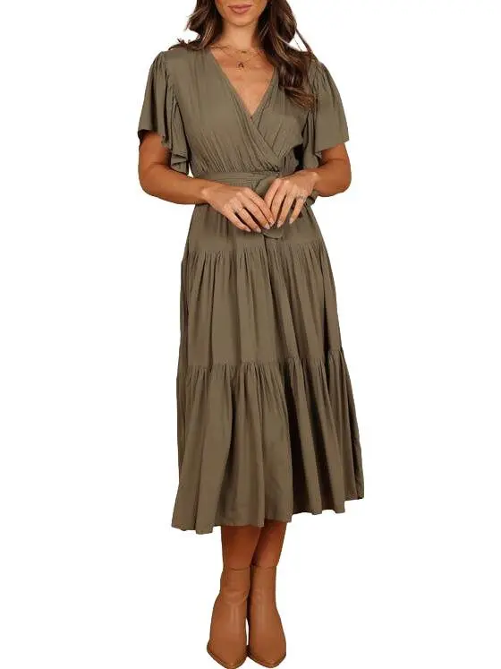 PETAL & PUP Barker Tiered Faux Wrap Dress - Olive