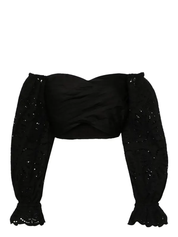 SELF-PORTRAIT Broderie Anglaise Cropped Blouse - Black