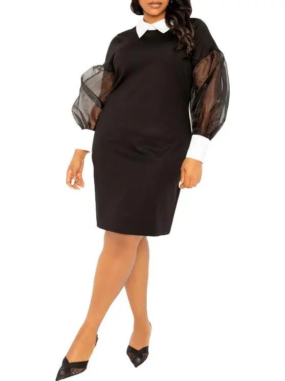 BUXOM COUTURE Contrast-trim Long-sleeve Dress - Black