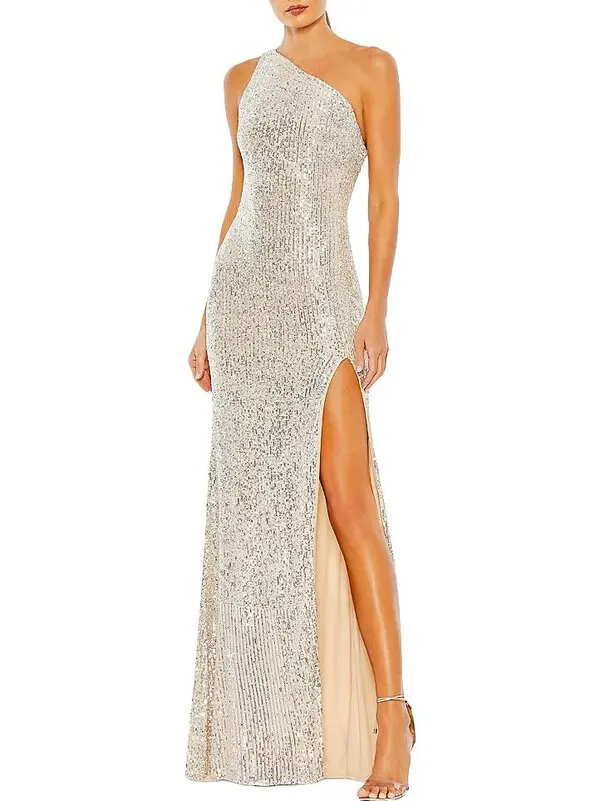 Mac Duggal Sequined One Shoulder Gown - Silver