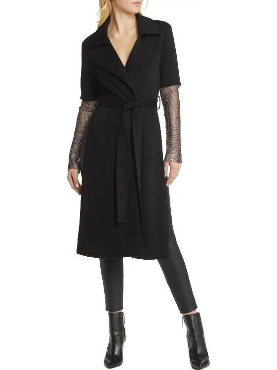 AZALEA WANG Rhinestone Tie Waist Long Sleeve Blazer Dress - Black