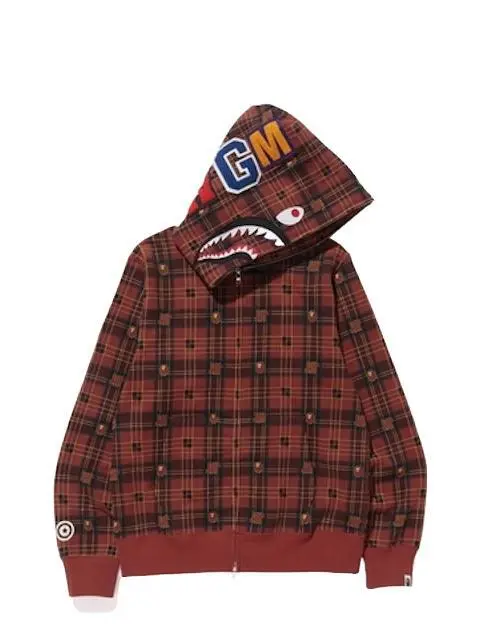 BAPE Undefeated Check Shark Zip Up Hoodie - Red