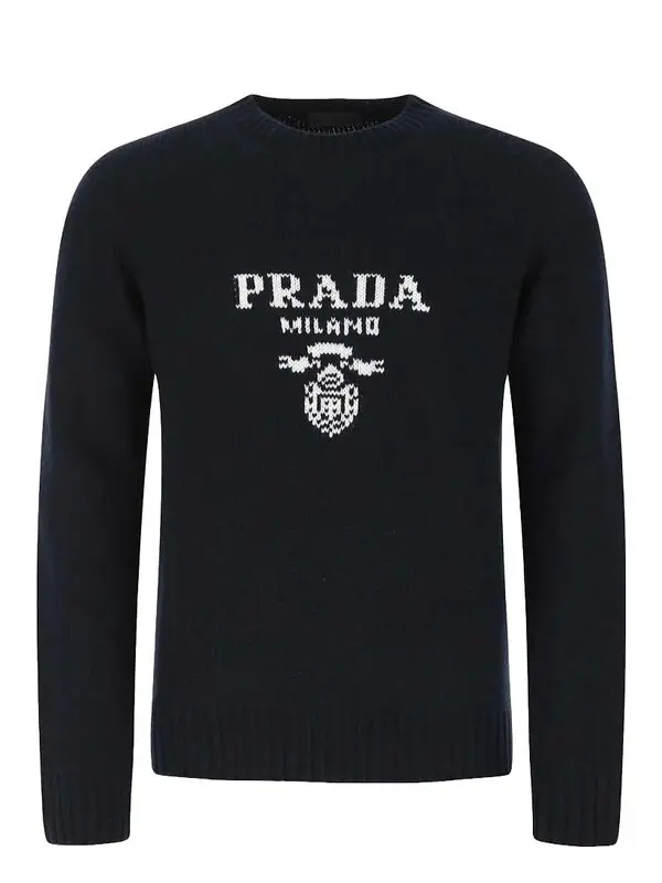 Prada Intarsia Logo Knit Crewneck Sweater - Black