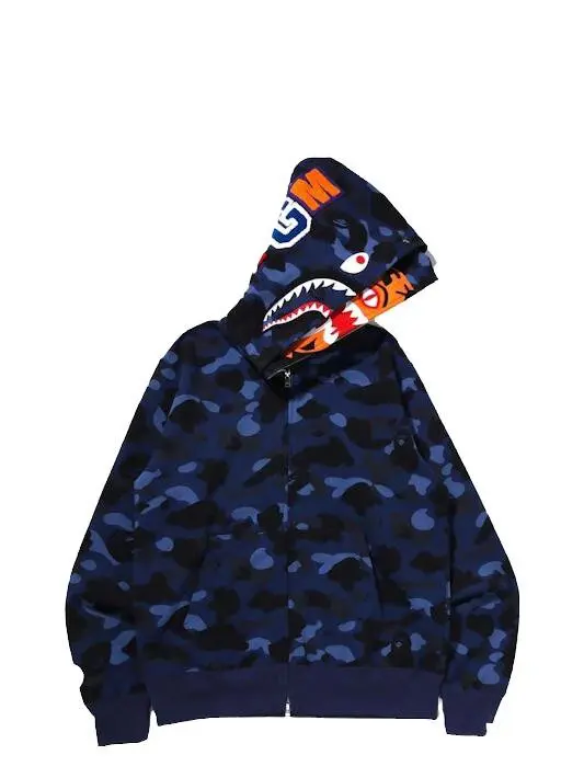 BAPE Camo Tiger Shark Wide Full Zip Double Hoodie - Navy Blue