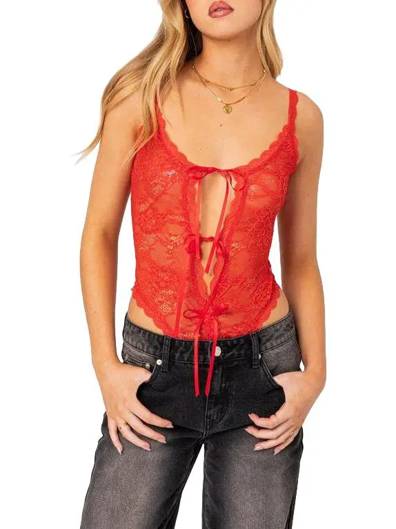EDIKTED Maribelle Tie Front Lace Bodysuit - Red