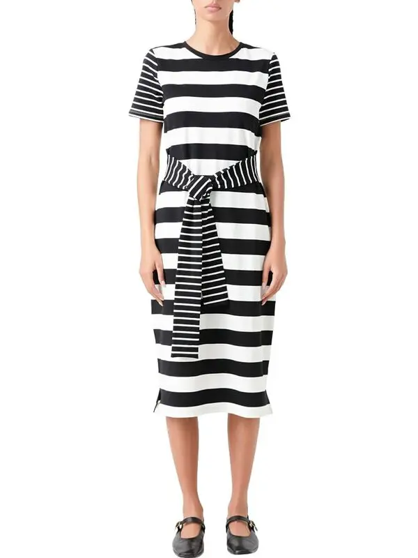English Factory Stripe Tie Front Midi T-shirt Dress - Black/white