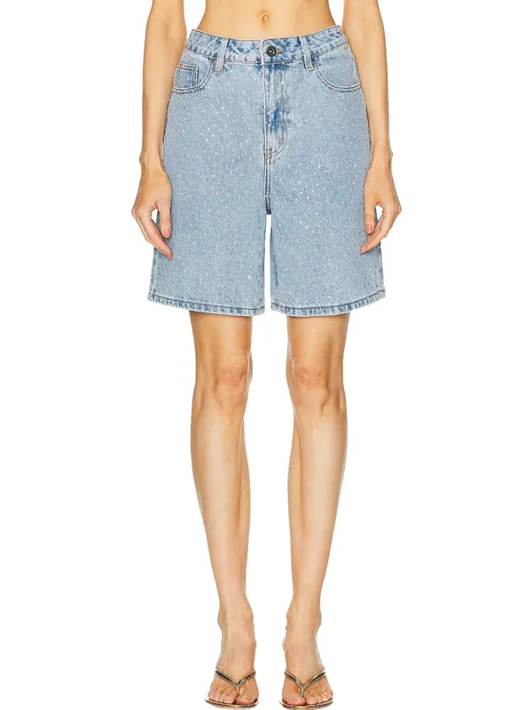 SELF-PORTRAIT Rhinestone Denim Shorts - Light Blue