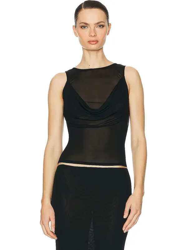HELSA Sheer Knit Draped Top - Black