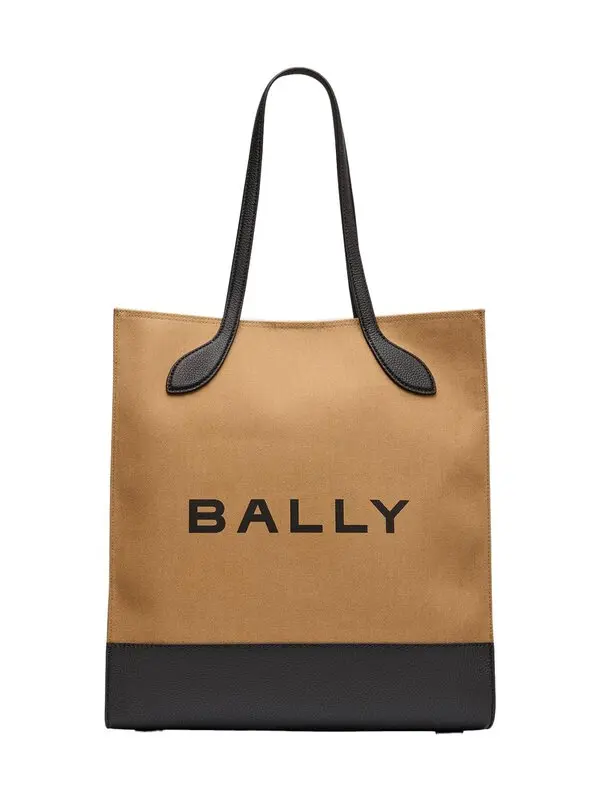 Bally Bar Keep On Fabric And Leather Tote - Sand Black Oro