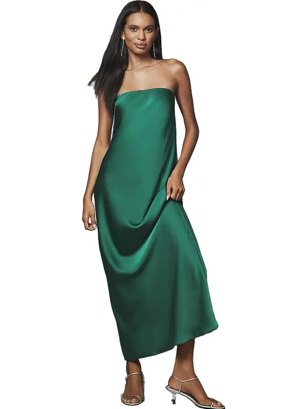 Anthropologie Fleur Strapless Satin Maxi Slip Dress - Emerald