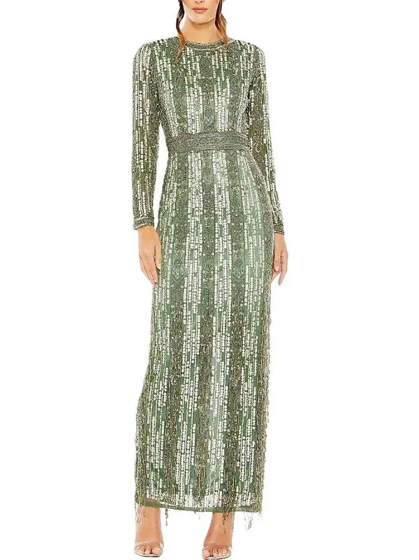 Mac Duggal High Neck Crystal Fringe Column Gown - Sage