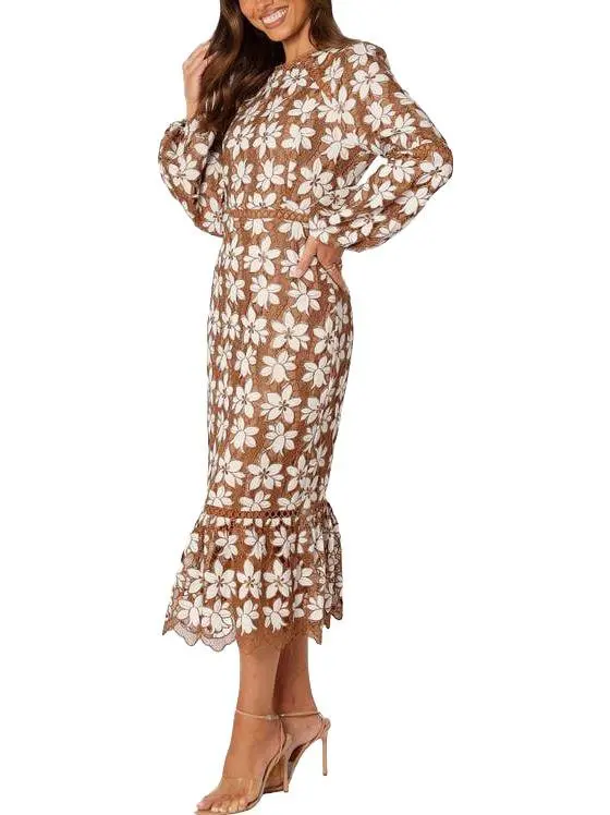 PETAL & PUP Pierre Floral Lace Midi Dress - Mocha