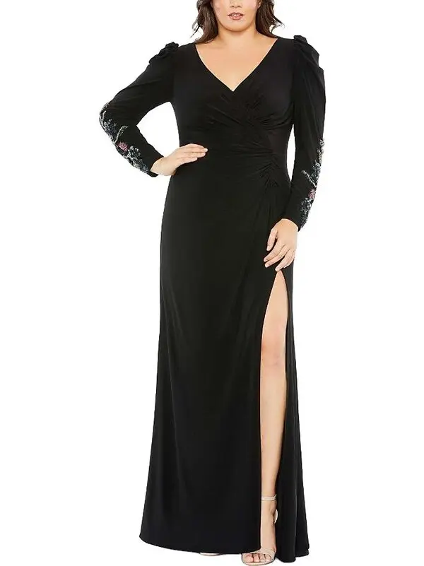 Mac Duggal Plus Embellished Faux Wrap Gown - Black