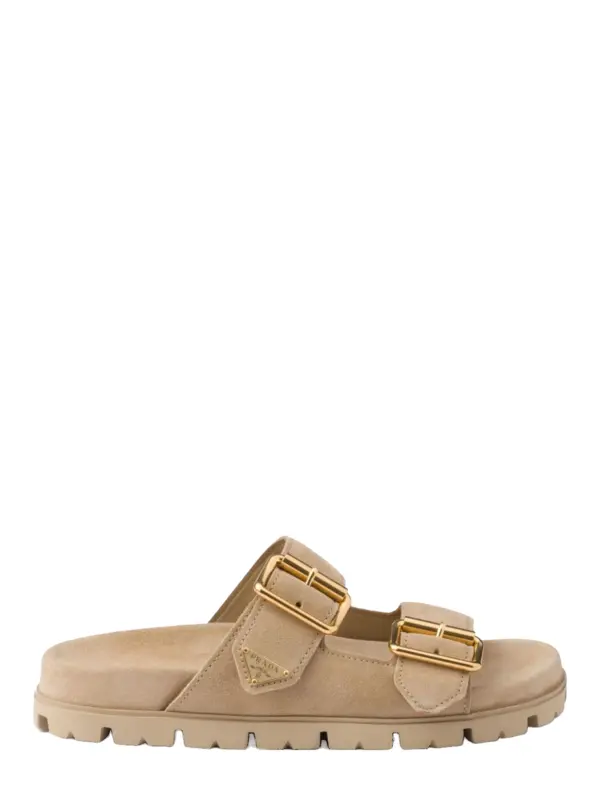 Prada Suede Slides With Triangle Logo - Neutrals