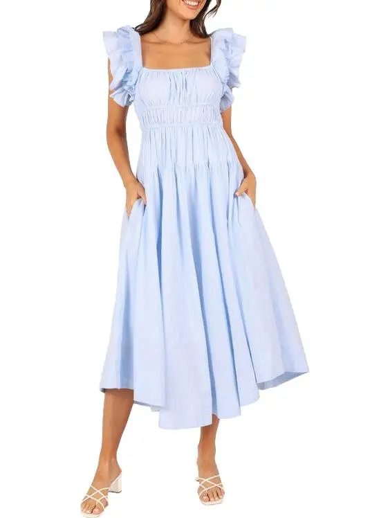 PETAL & PUP Linda Stripe Cotton Midi Dress - Blue Stripe