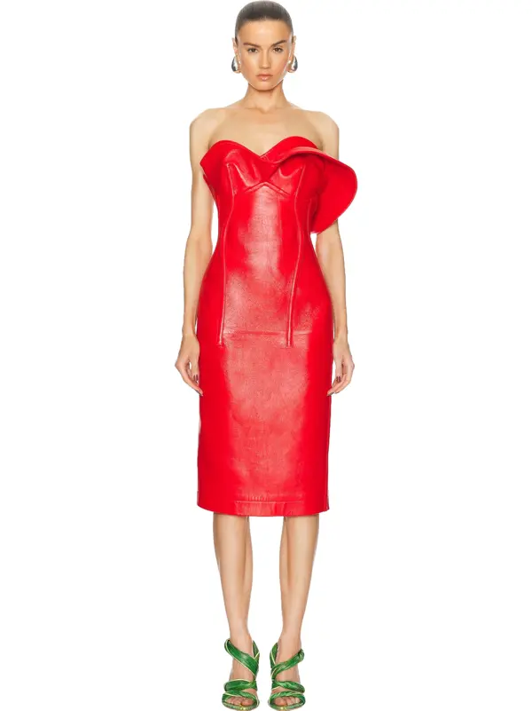 Bottega Veneta Draped Leather Midi Dress - Poppy
