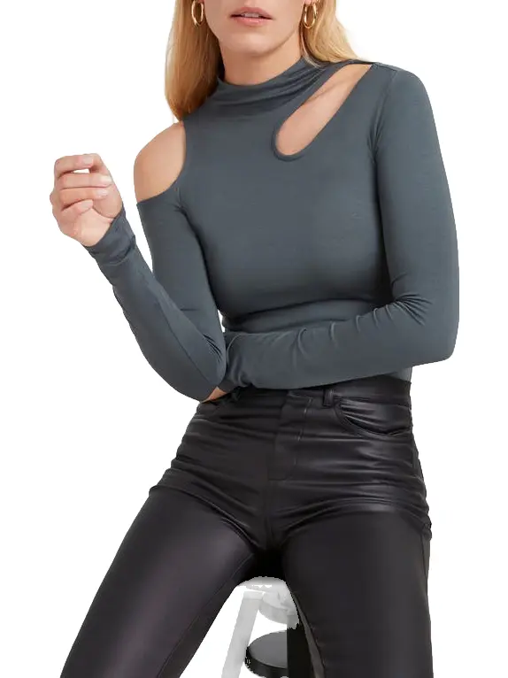 MARCELLA Jones Cutout Mock Neck Top - Slate Grey