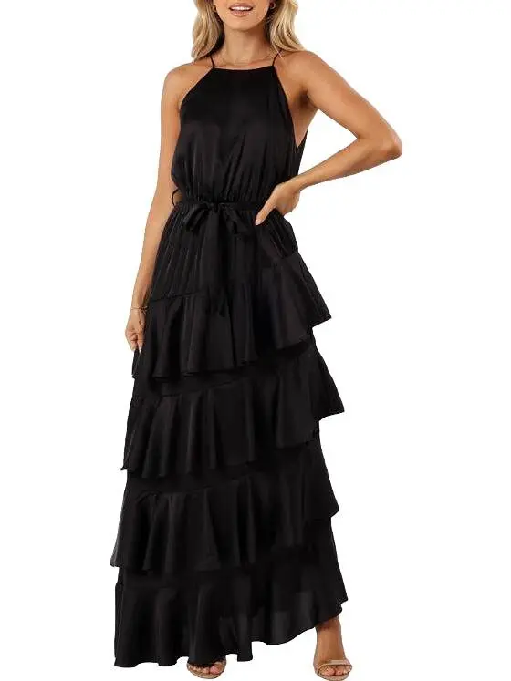 PETAL & PUP Annalise Ruffle Satin Dress - Black