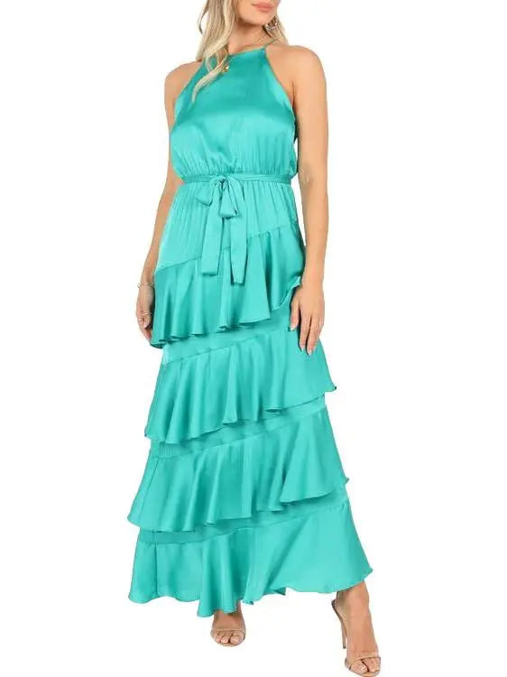 PETAL & PUP Annalise Ruffle Satin Dress - Teal