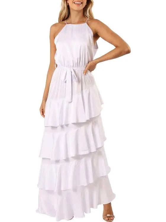 PETAL & PUP Annalise Ruffle Satin Dress - White