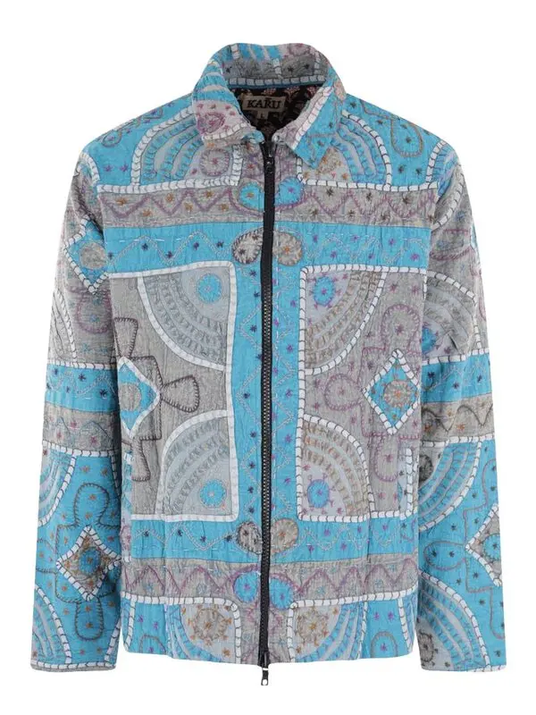 KARTIK RESEARCH Patchwork Cotton Jacket - Blue+white+yellow