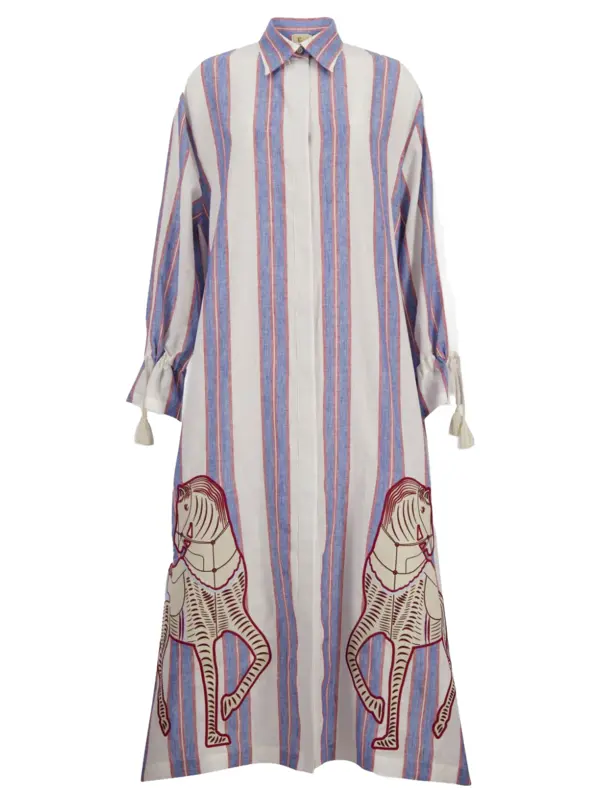 PAULA Embroidered Striped Linen Dress - Blue