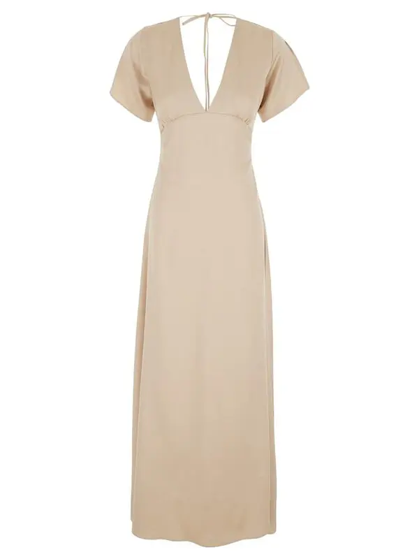 PLAIN Long Dress With Bow Detail - Beige