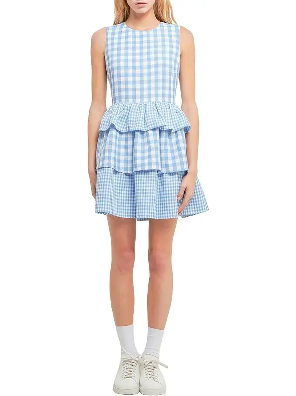 English Factory Tiered Gingham Sleeveless Dress - Ocean Blue