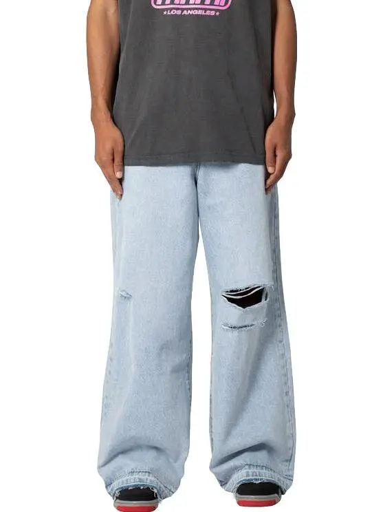 Mnml Baggy Rave Ripped Wide Leg Jeans - Light Blue