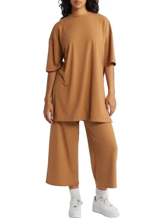 DRESSED IN LALA Lex Ribbed T-shirt And Crop Pants Set - Suntan