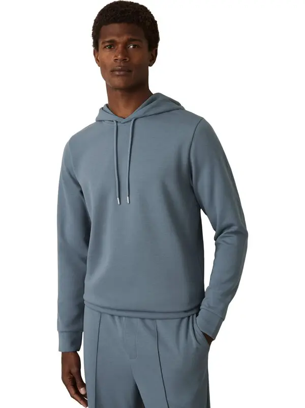 REISS Fabien Interlock Jersey Drawstring Hoodie - Airforce Blue