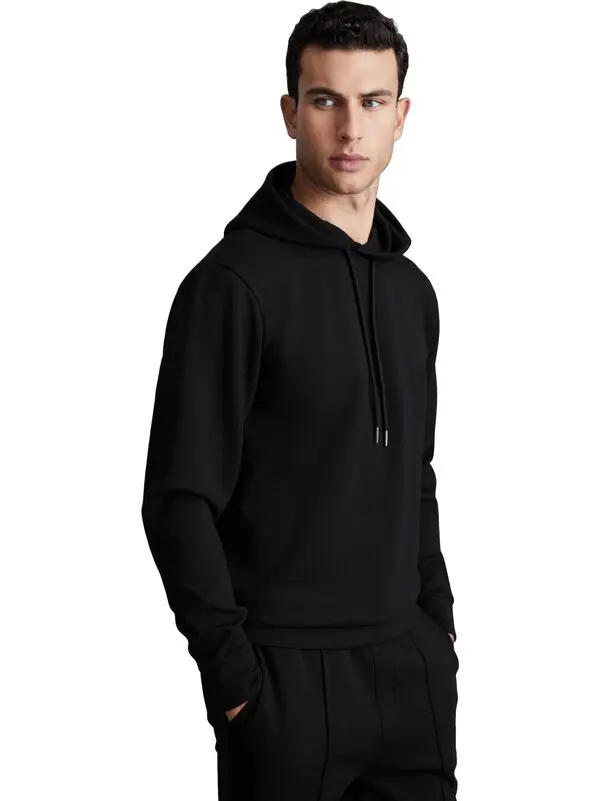 REISS Fabien Interlock Jersey Drawstring Hoodie - Black